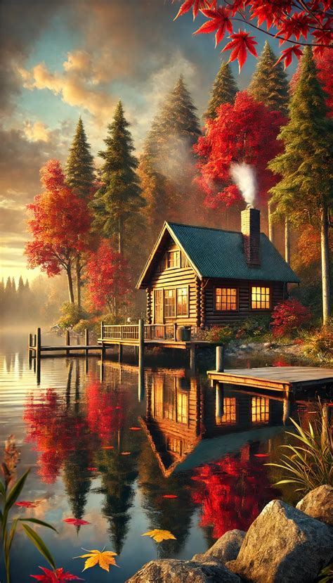 Cozy Autumn Cabin By The Lake Golden Reflections And Tranquility Autumn Photography Fall