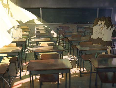 Download Anime School Scenery Students In Dark Classroom Wallpaper