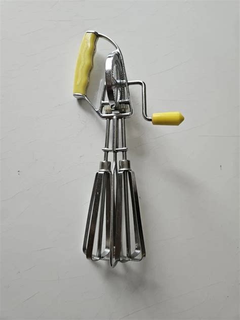 Vintage Hand Mixer Egg Beater By Maynard Stainless Steel Yellow Handle