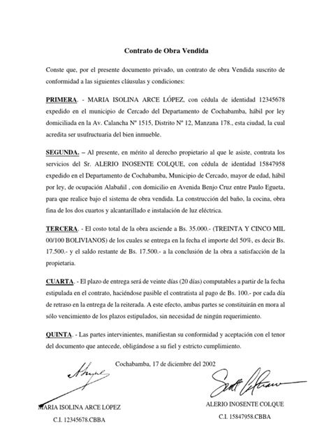 Contrato De Obra Vendida Pdf