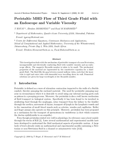 Pdf Peristaltic Mhd Flow Of Third Grade Fluid With An Endoscope And Variable Viscosity