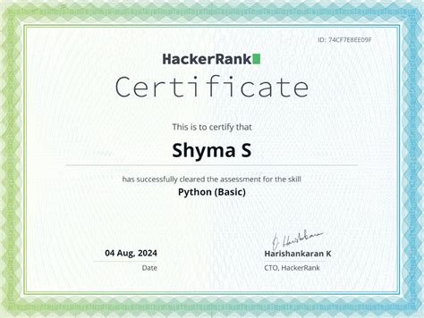 earned python certification with hackerrank shyma s posted on the