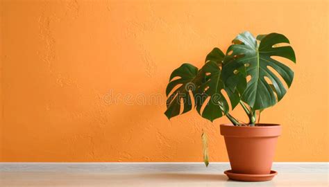 Potted Monstera Deliciosa Plant Against A Vibrant Orange Wall