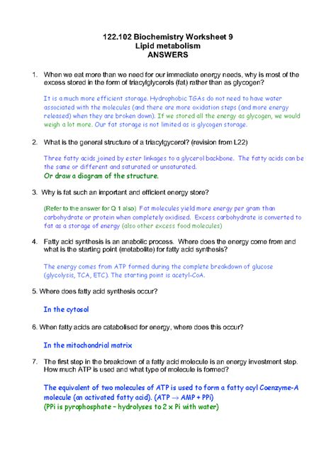 Week 9 Worksheet 9 L22 24 Lipid Metabolism Answers 122 Biochemistry