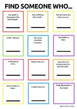 Icebreaker Find Someone Who Bingo By A To Z Of Secondary Tpt