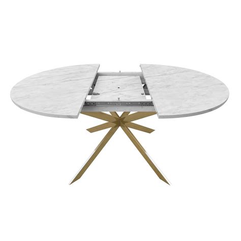 Round To Oval White Marble Effect Extendable Dining Table With Gold