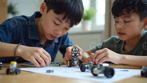 Flat Asian Teenager Students Assembling Robot Arms And Robotic Cars For