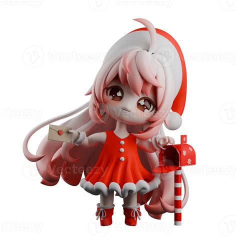 Holiday Chibi Santa 3d Cartoon A Chibi Girls Santa Stands With Her Left Hand On The Mailbox