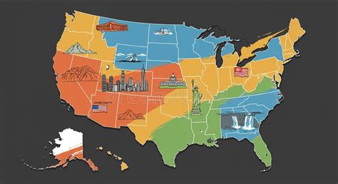Map Of The United States With Unique Illustrations Representing Famous