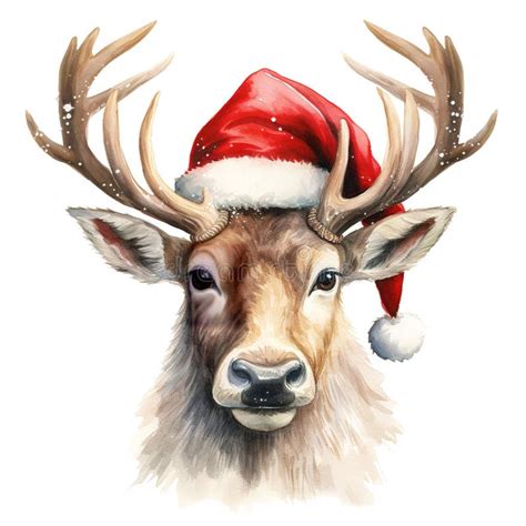 Reindeer Wearing Santa Hat For Christmas Event Watercolor Style Stock