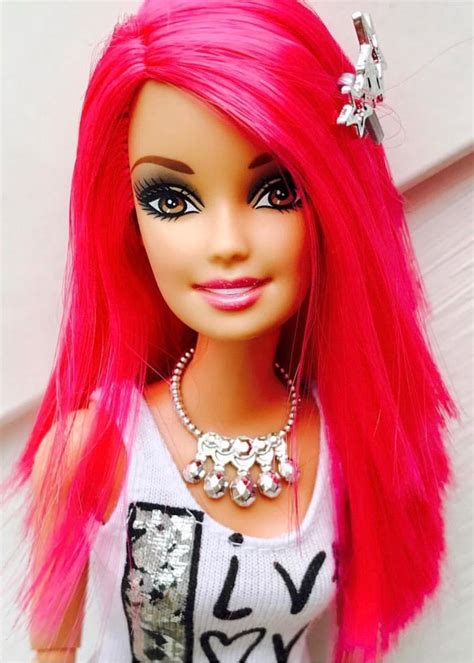 Barbie Doll With Pink Hair In White Shirt And Silver Necklac