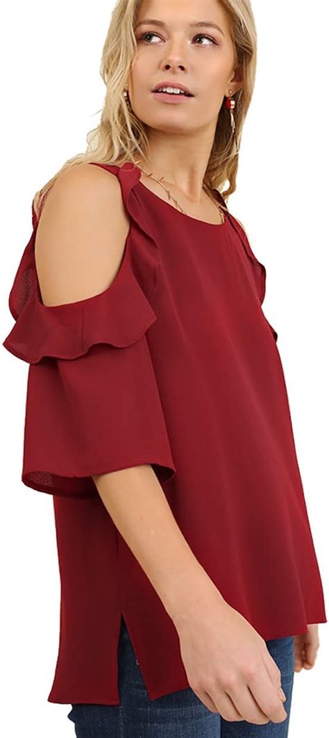 Umgee Womens Solid Colored Cold Shoulder Tunic With Ruffle