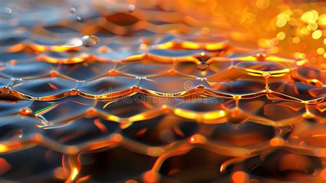 Reflective Golden Honeycomb Pattern With A Ripple Effect Orange Hexagonal Design On A Liquid