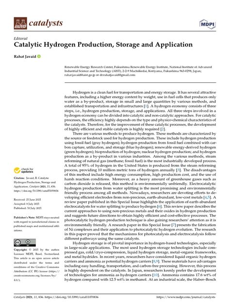 Catalytic Hydrogen Production Storage And Applicat Pdf Hydrogen