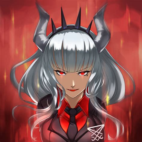Safebooru 1girl Bangs Blunt Bangs Breasts Business Suit Face Fangs Formal Glowing Glowing Eyes