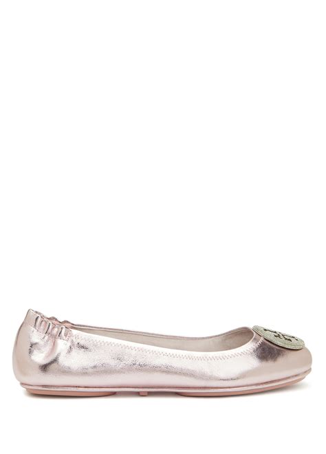 Tory Burch Minnie Pink Logo Detailed Leather Ballet Flats