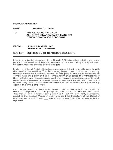 Memo Submission Of Required Reports