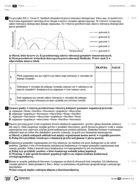 Test Ekologia I Roznorodnosc Biologiczna Test Z Widoczna Punktacja Pdf