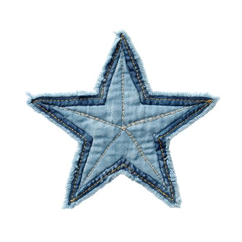 Blue Denim Patch With Stitch And Fringe Light Blue Denim Star Patch Denim Patch Stitch Png