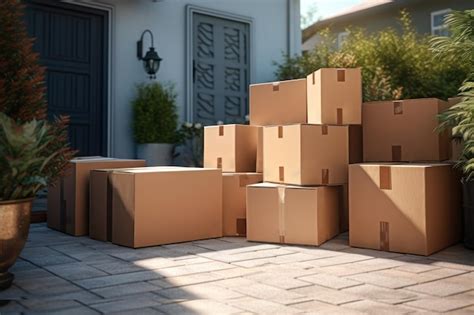 Premium Photo Stack Of Packages On Front Of House Moving Boxes At New House