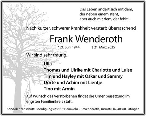 Alle Traueranzeigen Für Frank Wenderoth Trauer Rp Online De