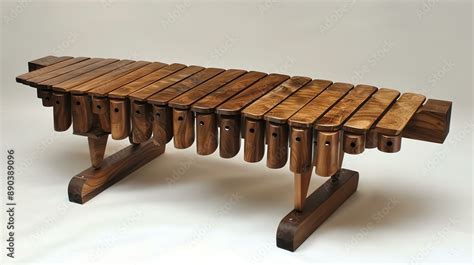 This Image Shows A Handcrafted Wooden Marimba With A Natural Wood Finish It Has 15 Keys Made Of