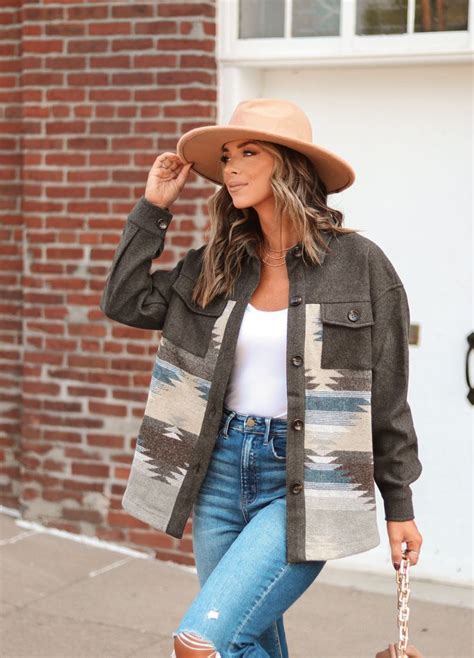 West Coast Charcoal Woven Aztec Print Shacket West Coast Style