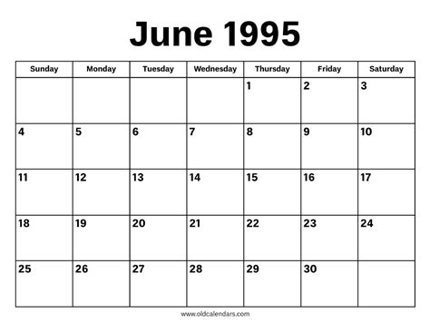 June 1995 Calendar Printable Old Calendars