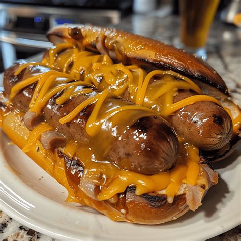 Smoky Cheddar Beer Brat Pretzel Melt Cheesy Grilled Delight