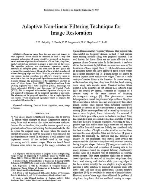 Adaptive Non Linear Filtering Technique For Image Restoration Pdf Signal To Noise Ratio