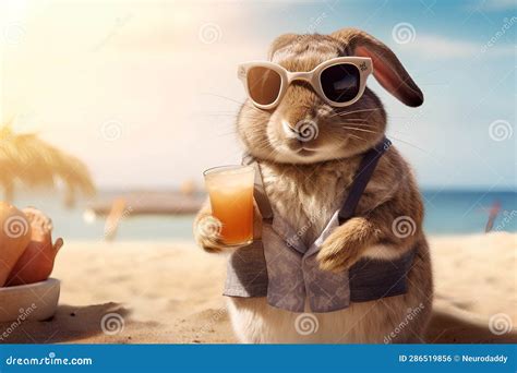 Rabbit With Black Ears And Eyes Funny Fluffy Rabbit In Sunglasses