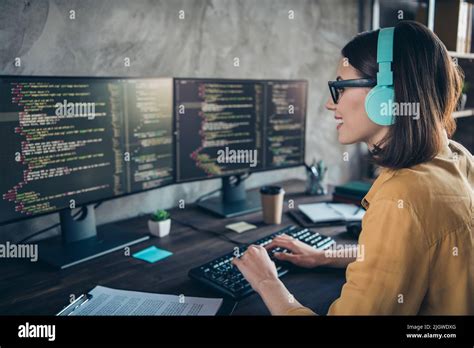 Profile Side View Portrait Of Attractive Cheery Focused Girl Editing Source Html Binary Css At