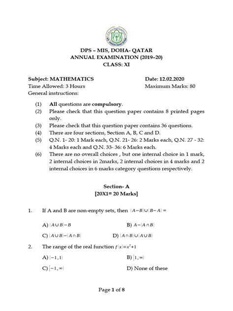 Annual Examination Maths Xi 2019 20 Pdf Mathematical