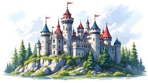 Big Castle Texture With Towers Isolated On White Detailed Illustration