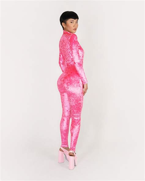 Hot Pink Crushed Stretch Velvet Catsuit Jumpsuit Fuchsia Velour Unitard