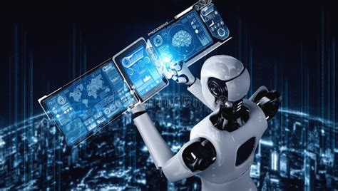 Robot Humanoid Using Tablet Computer For Big Data Analytic Stock Illustration Illustration Of
