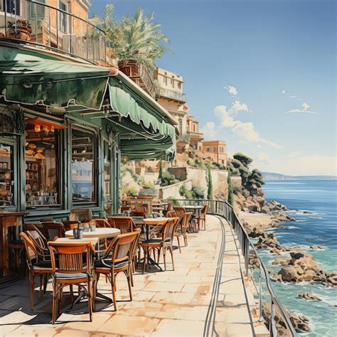 Watercolor Illustration Of A Vintage Cafe Exterior An Italian Seaside Cliff Cafe During A Summer