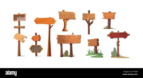 Wooden Cartoon Signs And Banners Set Flat Cartoon Isolated On White