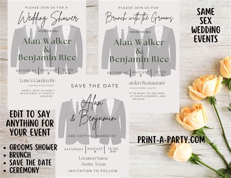 Editable Same Sex Wedding Event Invite Grooms Shower Brunch Save The Date Printable Same