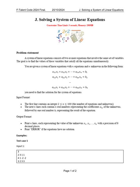 J Solving A System Of Linear Equations Problem Statement Pdf