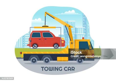 자동 견인 자동차 템플릿에서 길가 보조 서비스와 트럭을 사용하여 손으로 그린 만화 플랫 배경 일러스트 레이 션 Brand Name Domestic Car에 대한 스톡 벡터