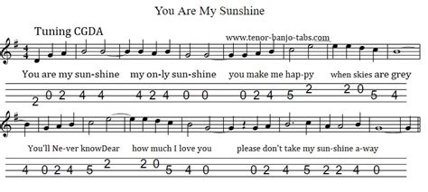 You Are My Sunshine Easy Sheet Music Tenor Banjo Tabs