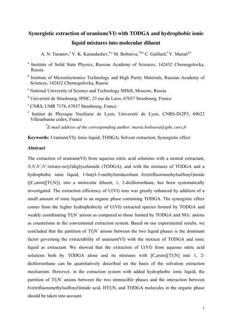 Pdf Synergistic Extraction Of Uranium Vi With Todga And Hydrophobic Ionic Liquid Mixtures
