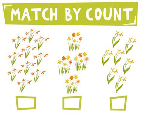 다른 꽃 만화 벡터 일러스트와 함께 취학 전 어린이를위한 숫자 자료 교육 게임을 배우는 아이 프리미엄 벡터