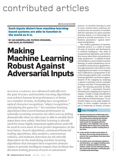 Pdf Making Machine Learning Robust Against Adversarial Inputs