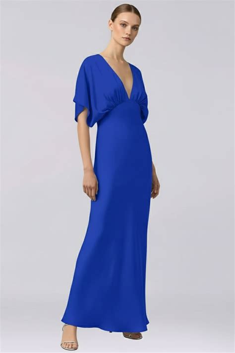 Sapphire Blue Deep V Satin Bridesmaid Dress Flutter Sleeve Shahida Shahida Parides