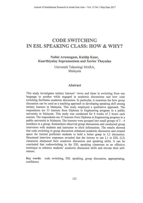 Pdf Code Switching In Esl Speaking Class How And Why