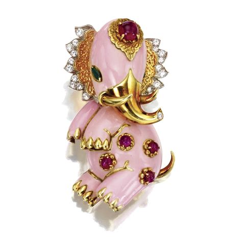 Pink Enamel Colored Stone And Diamond Elephant Brooch David Webb
