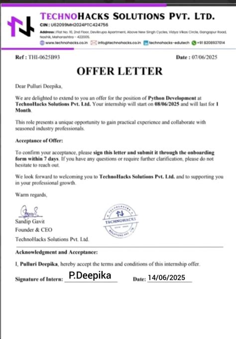 Excited To Share That Ive Received An Internship Offer From Technohacks Solutions Pvt Ltd In
