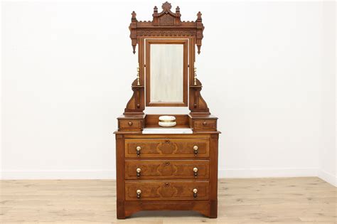 Victorian Eastlake Antique Walnut Marble Top Dresser Mirror